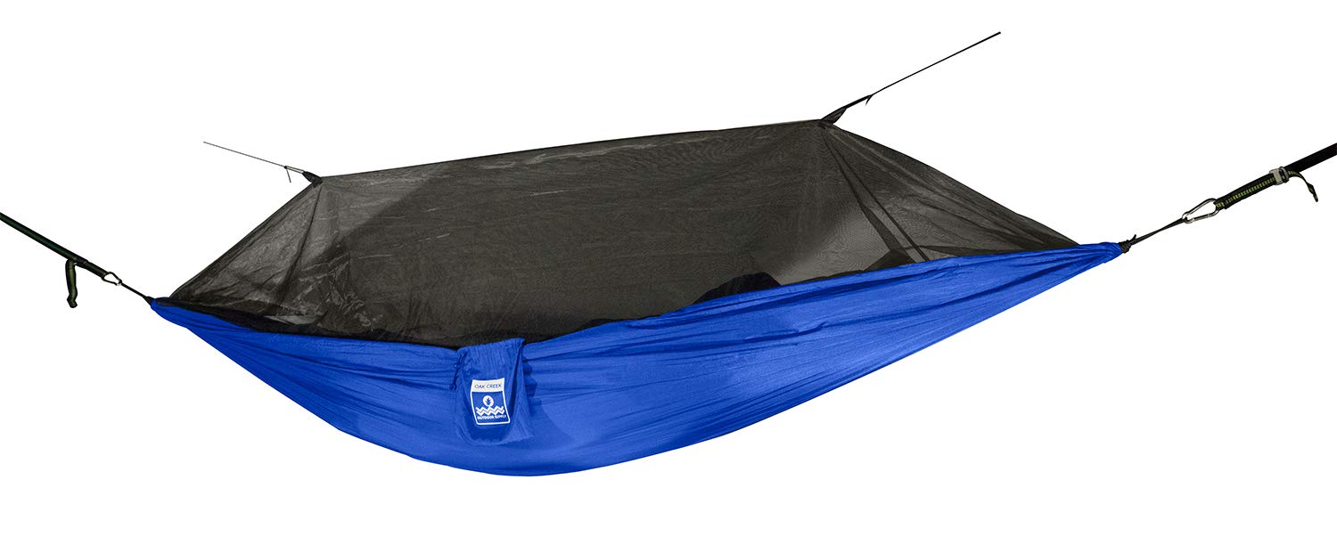 Oak Creek Lost Valley Camping Hammock. Bundle Includes Mosquito Net, Rain Fly, Tree Straps, Compression Sack. Weighs Four Pounds, Perfect for Camping. Lightweight Nylon Single Hammock.