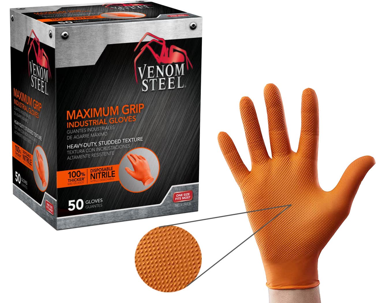 Venom Steel Orange Nitrile Gloves, 8 Mil Thick, 50 Count, Maximum Grip Textured Disposable Gloves, Puncture and Rip Resistant, Hi-Visibility Orange, One Size Fits Most