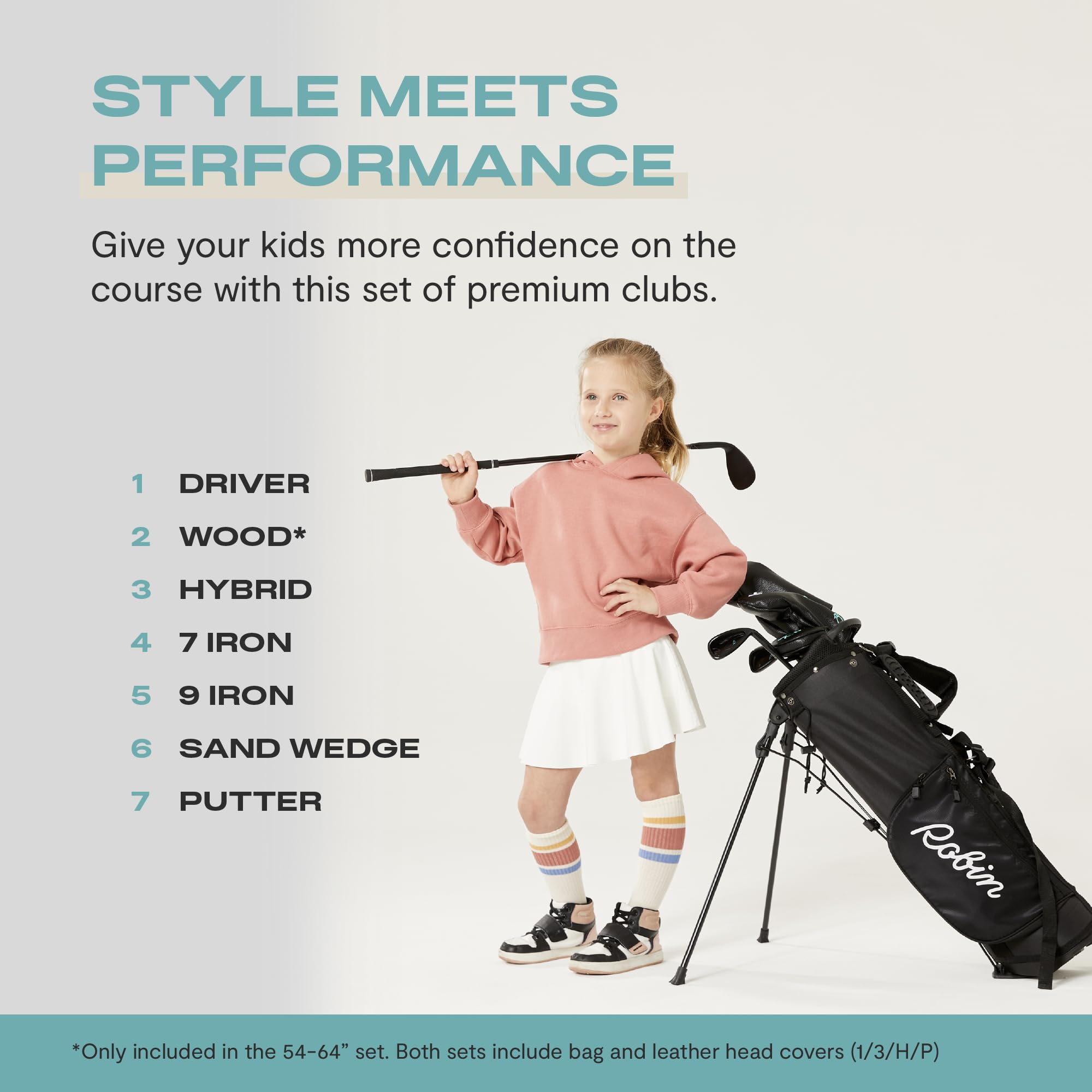 Robin Golf The Essentials 7-Club Junior Set β Complete Golf Clubs for Kids, Boys & Girls Ages 9-12, 54"- 63" (Matte Black) β Sets Include Bag & Head Covers | For Beginners & Intermediate Youth Golfers
