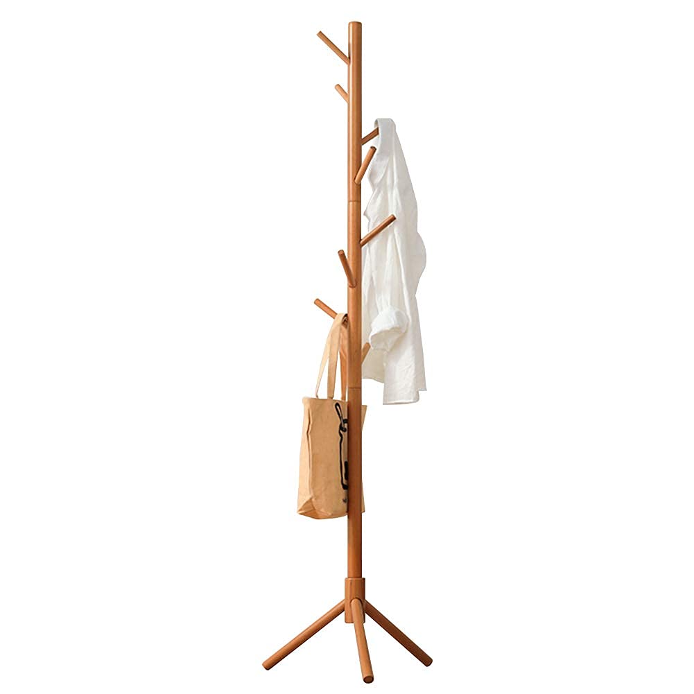 Ollorata High-Grade Wooden Tree Coat Rack Stand, 8 Hooks and 3 Adjustable Heights Entryway Coat Tree Coat Hanger Stand for Home Office, Easy Assembly Coat Rack Freestanding, Bold Natural