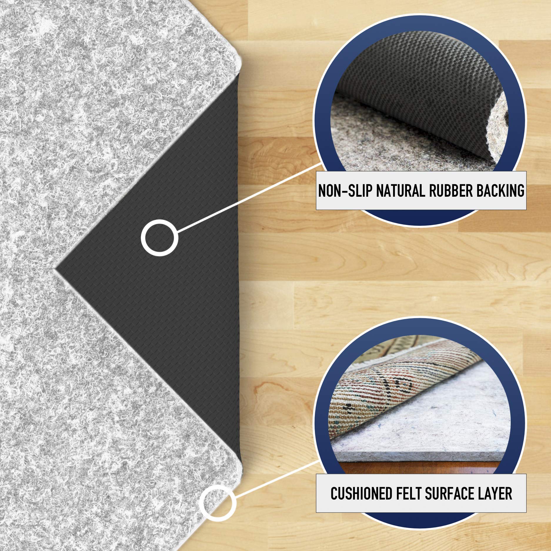 RUGPADUSA - Basics - 2'x6' - 1/4" Thick - Felt + Rubber - Non-Slip Rug Pad - Cushioning Felt for Added Comfort - Safe for All Floors and Finishes