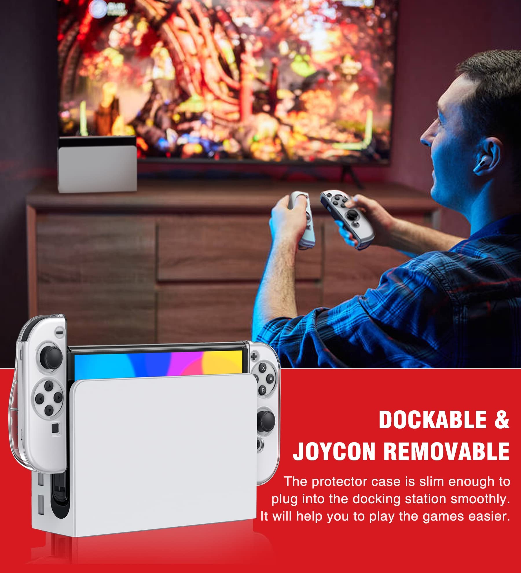 Switch Case Compatible with Nintendo Switch OLED, Protective Dockable Clear Cover Case with Comfortable Grip Design, Dockable Switch OLED Case Accessories for Nintendo Switch OLED Console & Joycon