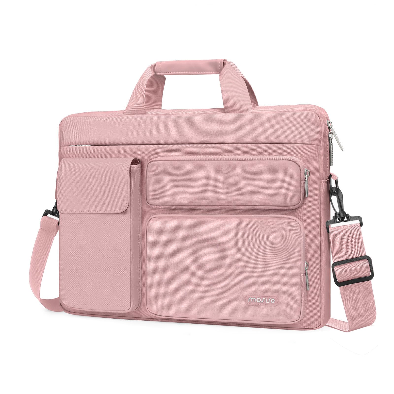 MOSISO Laptop Shoulder Bag Compatible with MacBook Air 15 inch M3 M2 2024 2023/Pro 16 M3 M2 M1 2024-2019,15-15.6 inch Notebook with 2 Raised&1 Flapover&1 Horizontal Pocket&Handle&Belt, Pink