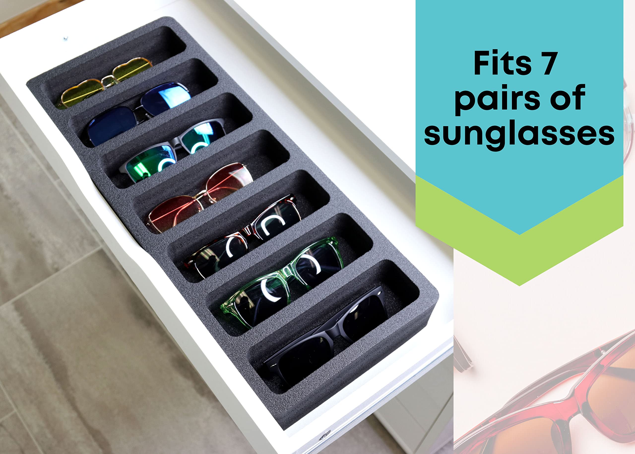 Polar Whale Sunglasses Drawer Organizer Tray Insert for Home Bedroom Bathroom Vanity Dresser Counter Table Waterproof Washable Black Foam 7 Compartment 8.25 x 20 Inches