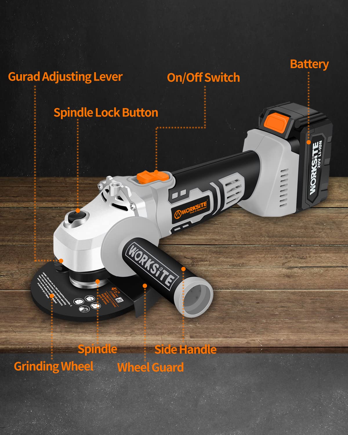 WORKSITE Cordless Angle grinder, 4-1/2 Inch Power Angle Grinder with 4-Pole Motor, Adjustable Auxiliary Handle, Cutting Wheels, Grinding Wheels and Flap Discs, 4.0 Ah Battery & Charger Included