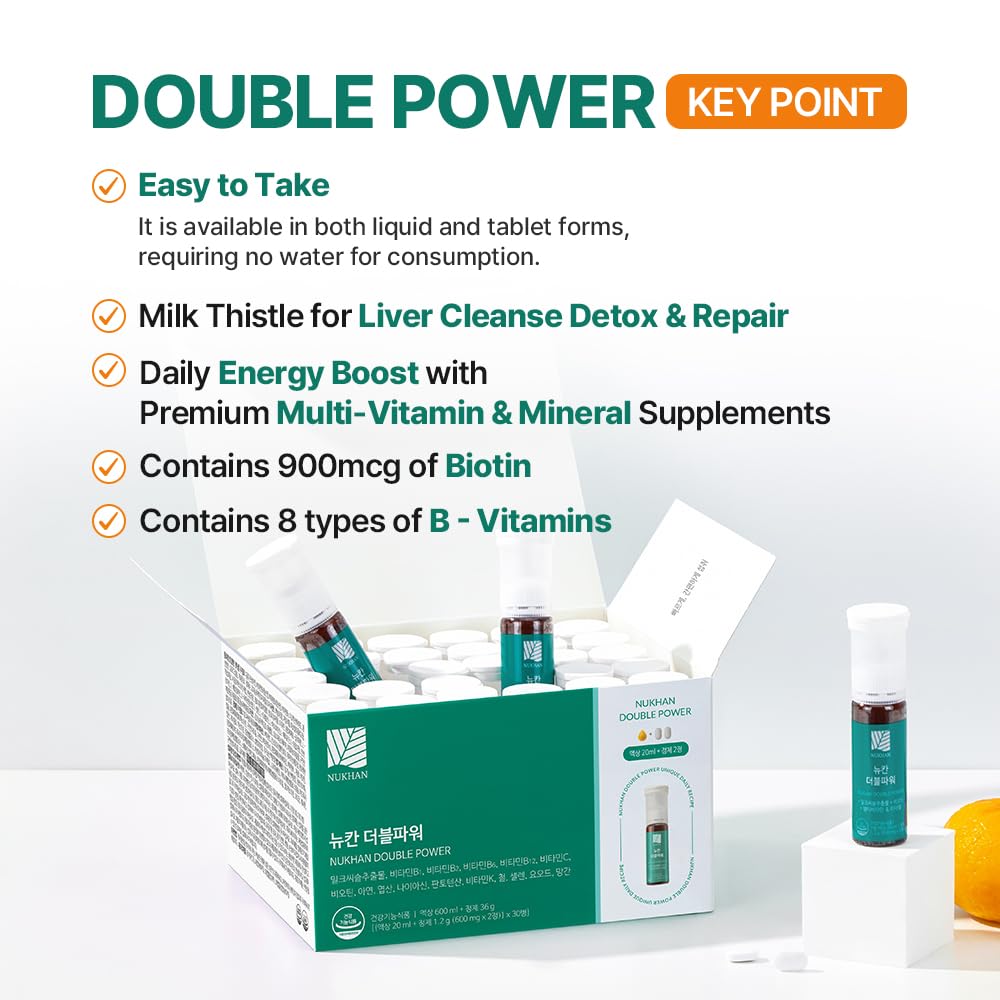 NUKHAN Double Power - Liver Cleanse Detox & Repair | Milk Thistle, Vitamin B Complex, Vitamin C, K, B12, Zinc | Immune Support & Energy Boost | Multivitamin & Mineral Supplement | 30 Day Supply