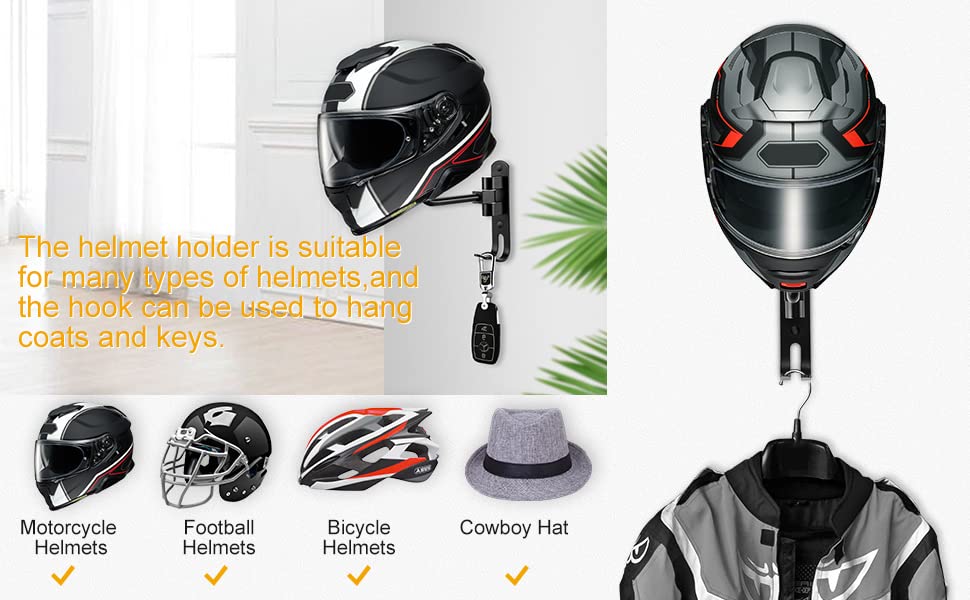 PAHTTO Motorcycle Helmet Holder, Helmet Rack Wall Mount 180 Degree Rotation Helmet Hanger with Double Hook for Coats, Caps, Hats, Motorcycle Accessories
