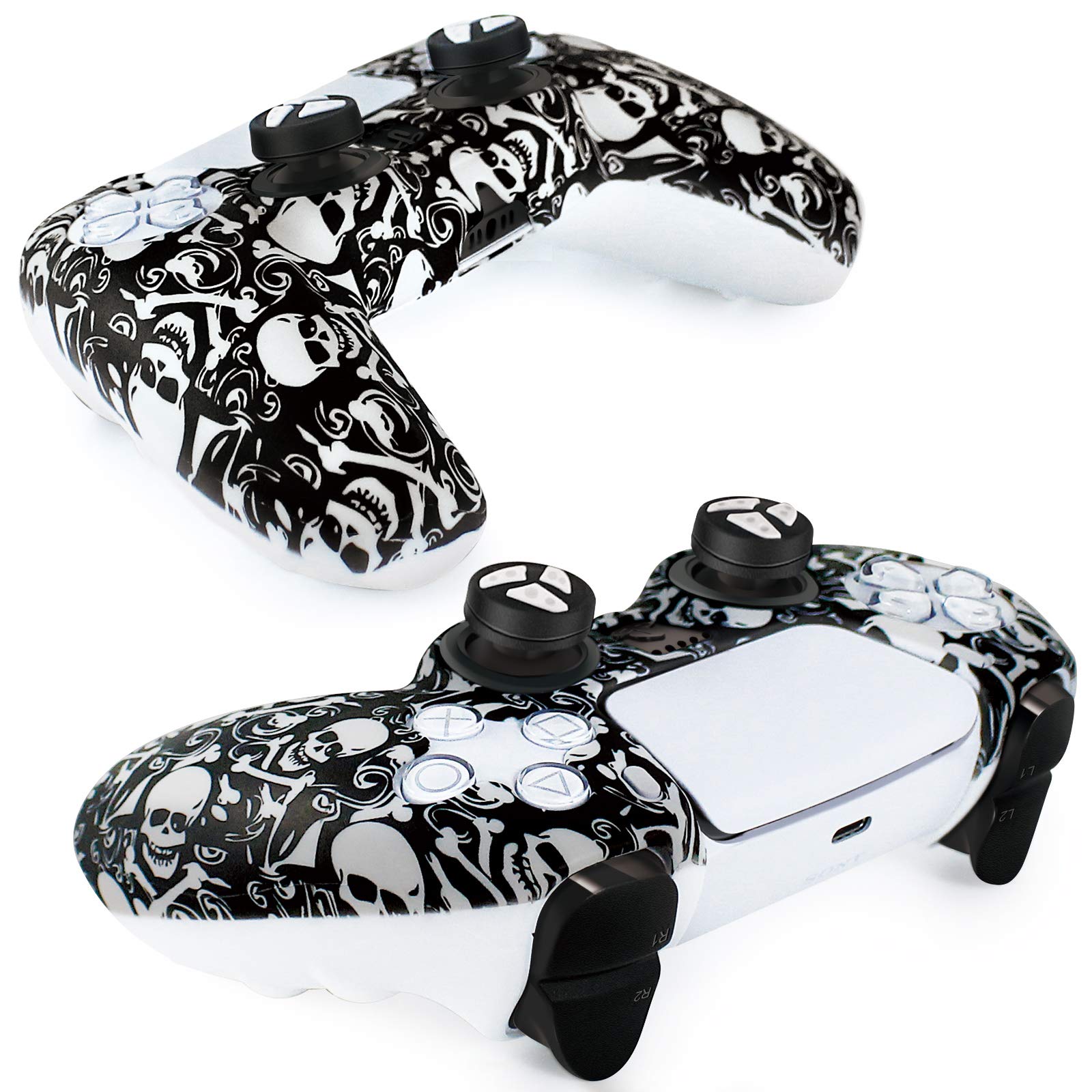 SIKEMAY Silicone Printing Cover Skin for PS5 Controller Grip, Protective Case for Playstation 5 Accessories with 10 Thumb Grip Caps(Dark Skull)