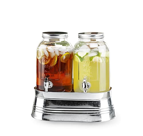 Style Setter Classic Farmhouse Beverage Dispenser Set of 2 Cold Drink Dispenser w/ 1-Gallon Capacity each Glass Jug, Metal Rack & Leak-Proof Acrylic Spigot Great for Parties, Weddings