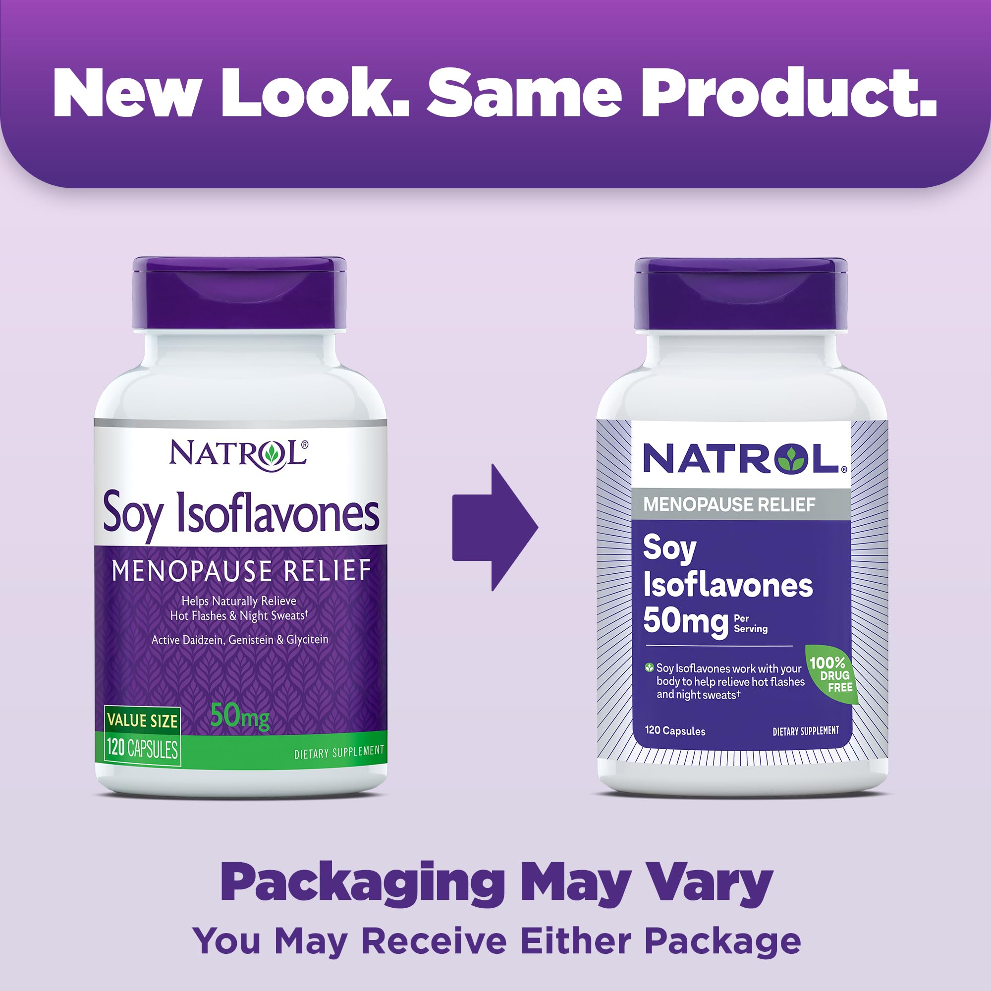 Natrol Soy Isoflavones Capsules, Menopause Relief, 50mg, 120 Count (Pack of 2) Purple
