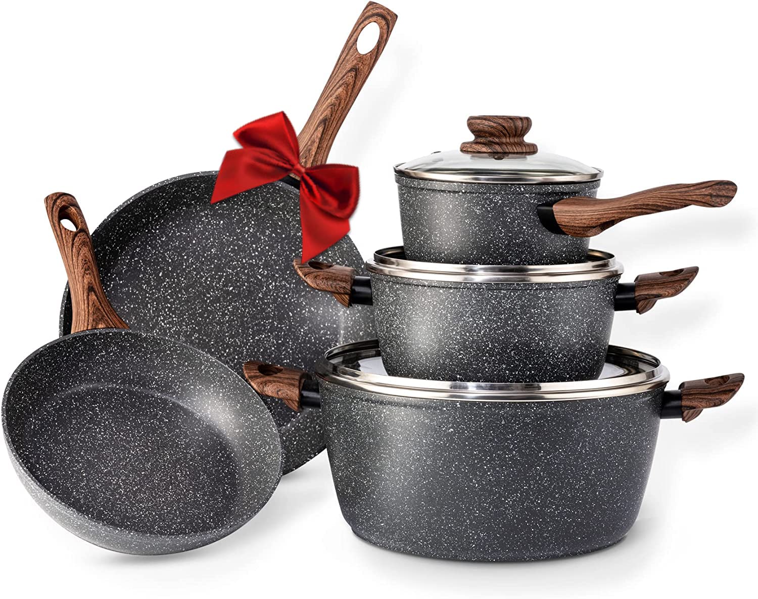Prikoi Induction Cookware Set, Non Stick Granite Pots and Pans Set for Stove, 8 Pieces,Dishwasher Safe