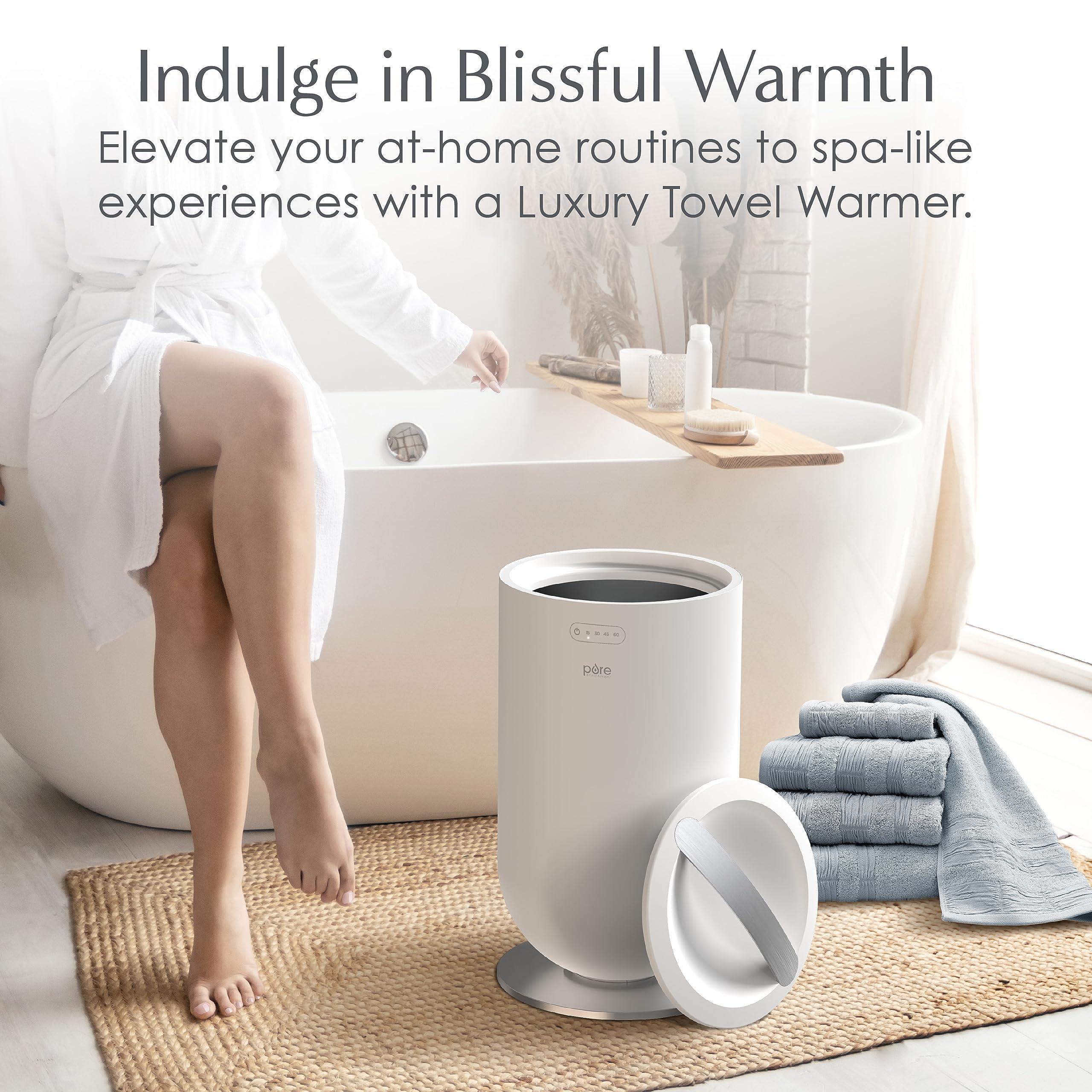 Pure Enrichment® PureBliss™ Luxury Towel Warmer - Extra Large 20L Heats Baths, Towels, Robes, Blankets, or Clothing - Modern Bucket Design, 4 Heat Timer Settings & Auto Shut-Off (White & Silver)