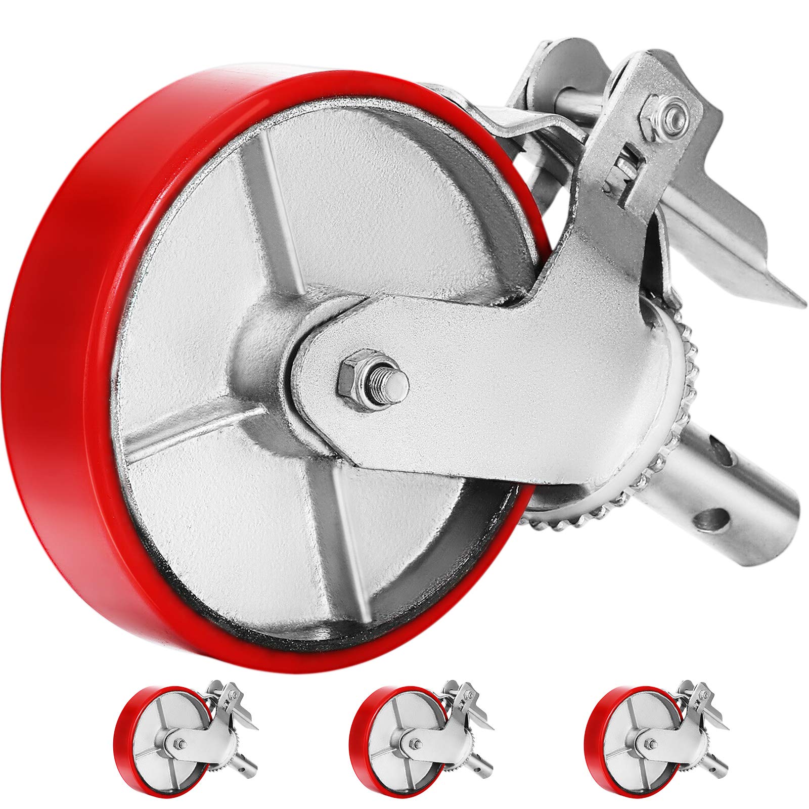OrangeA Scaffold Casters, 8" (Set of 4) - Scaffolding Wheels Heavy Duty, 4400 Lbs Per Set - Stem Swivel Casters with Brake, Red Polyurethane - Replacement for Scaffold, Shelves, Workbench