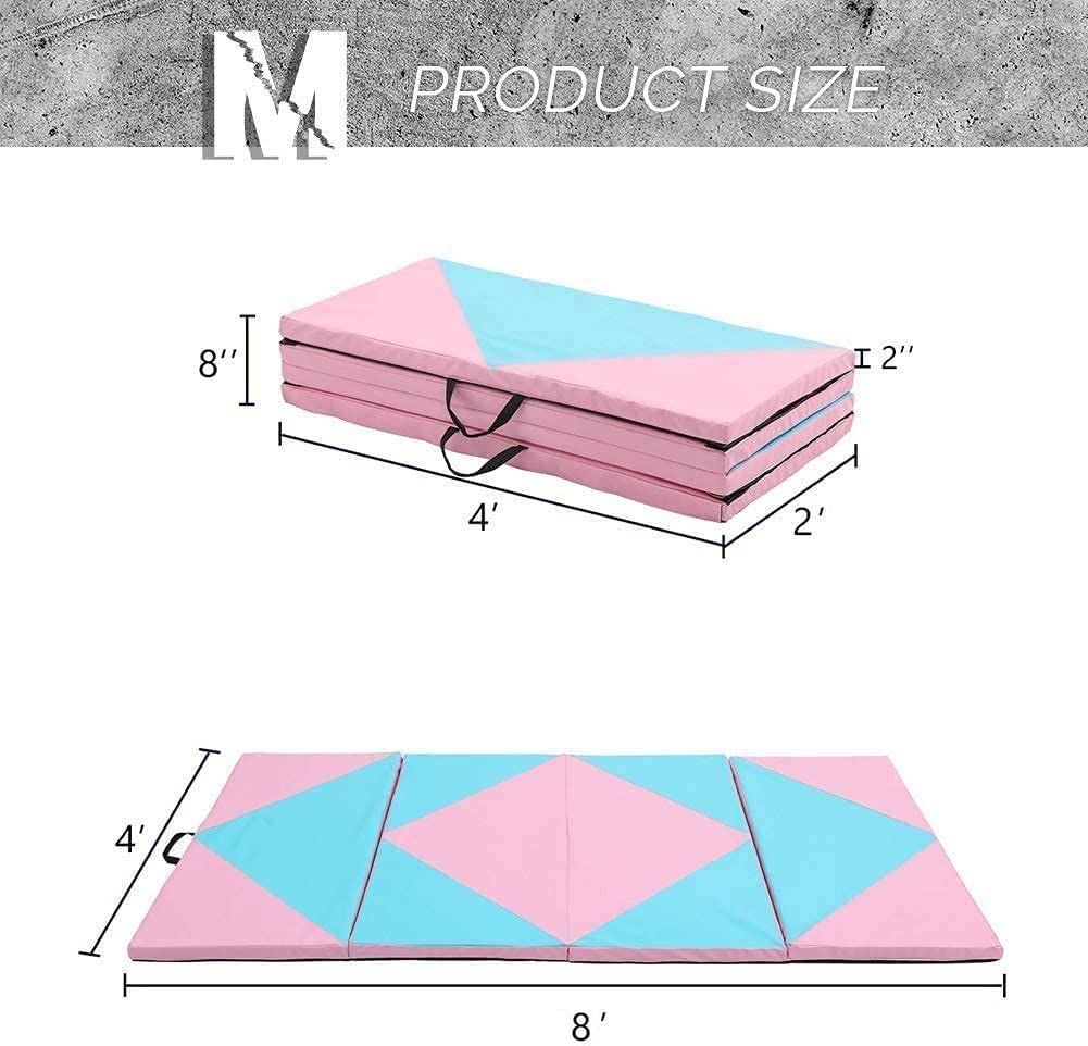 PanAme Folding Gymnastics Exercise Mats, 8βx4βx2β Thick Gymnastics Tumbling Mats, Lightweight Gymnastics Panel Mat with Carrying Handle for MMA, Yoga, Home Gym, Fitness(Pink&Blue)