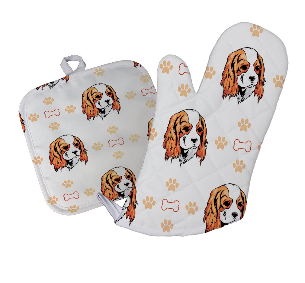 Style In Print Cavalier King Charles Spaniel Dog Bones Paws Kitchen Oven Mitt & Pot Holder Set