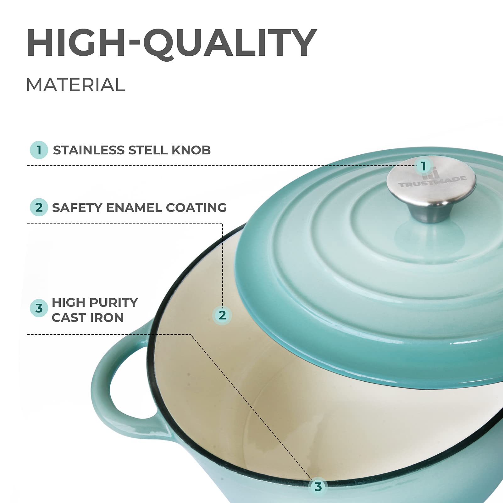 Trustmade 4.5 QT Cast Iron Dutch Oven, Enamel Coated Cookware Pot with Self Basting Lid for Home Baking, Braiser, Cooking, Aqua