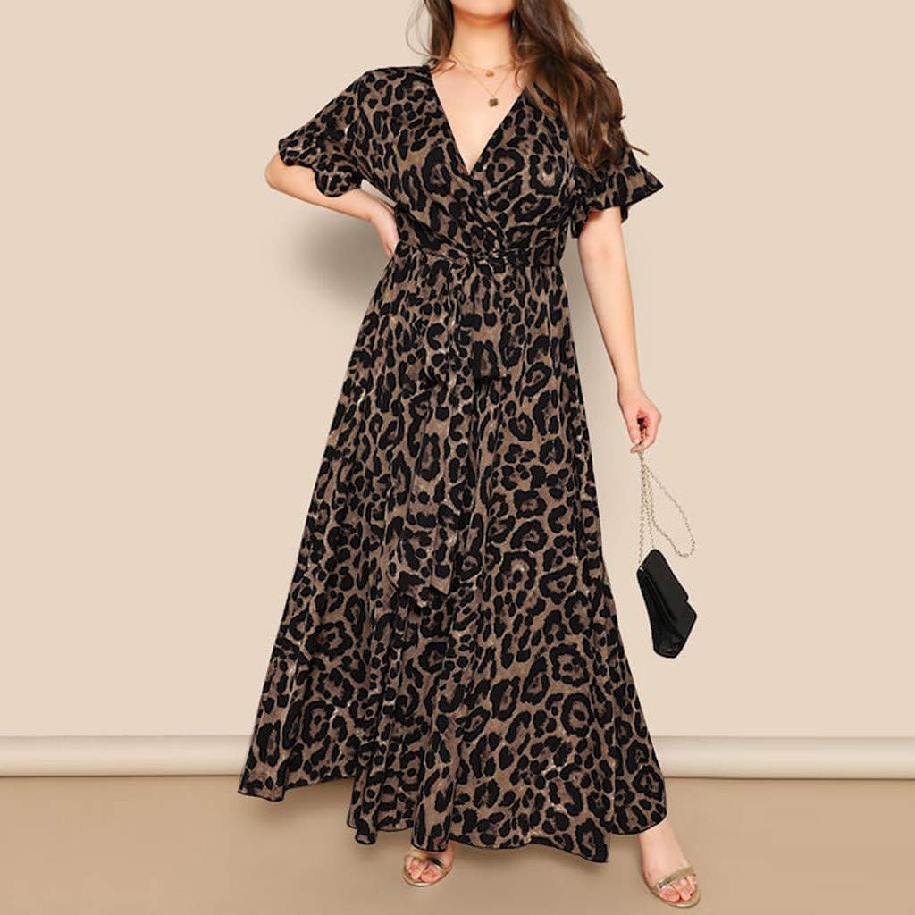 Women Leopard Maxi Dress Plus Size Wrap Deep V Neck Long Dress High Waisted Belt Ruffle Swing Dress