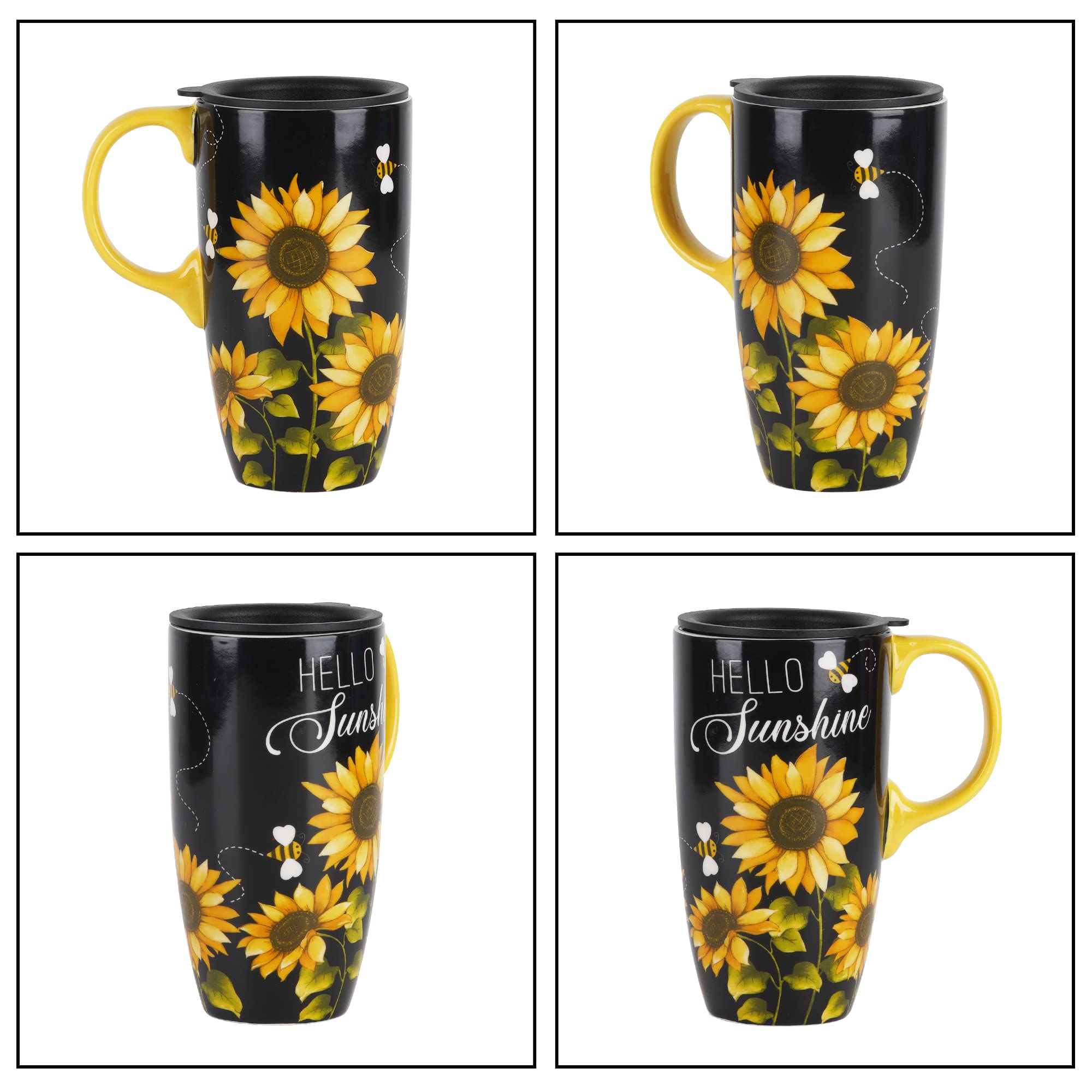 Topadorn Sunflower Ceramic Mug Coffee Cup with Lid and Matching Gift Box Latte Mug,17oz.Hello, Sunshine