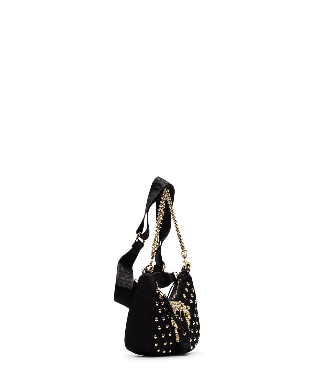 VERSACE JEANS COUTURE CROSSBODY BAG IN BLACK NYLON WITH GOLD STUDS AND CHAIN SHOULDER STRAP 73VA4BFGZS439