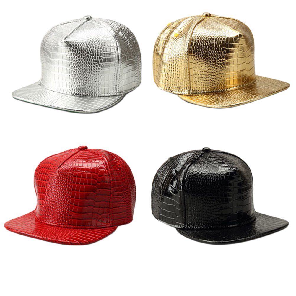OULII Unisex Crocodile Baseball Caps PU Leather Adjustable Hip Hop Flat Brim Hats Snapback Cap (Black)