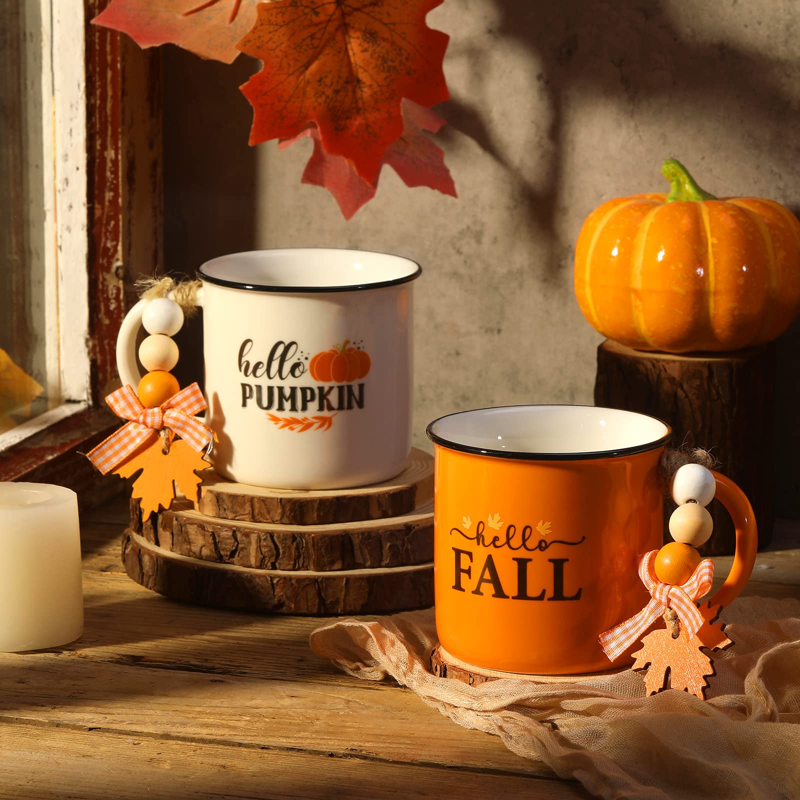 Roshtia 2 Pcs Fall Coffee Mug Enamel Thanksgiving Hello Pumpkin Mini Coffee Cups with Wood Bead Ornaments Fall Tiered Tray Decoration for Thanksgiving Fall Party
