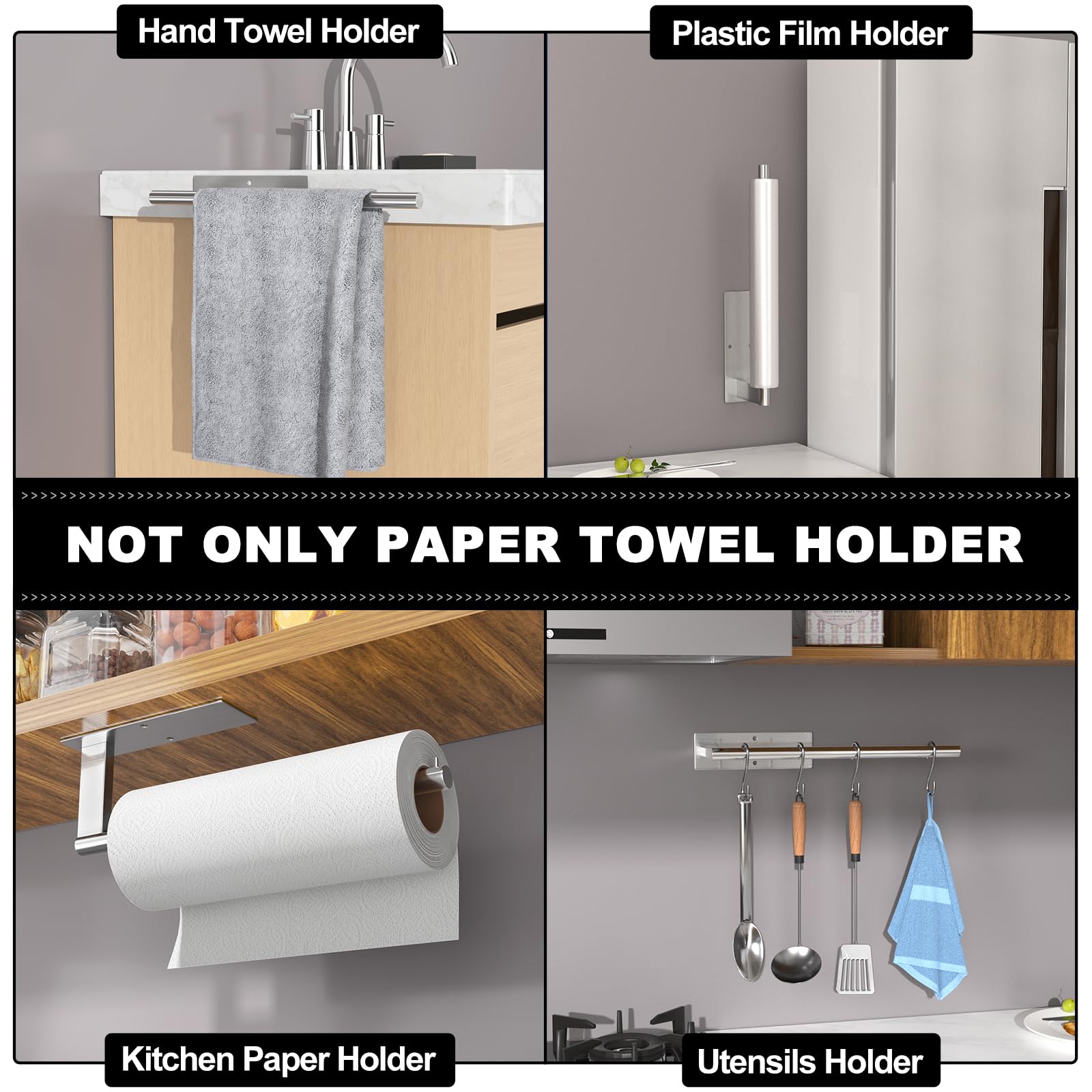 Paper Towel Holder Under Cabinet, Stainless Steel Kitchen Roll Holder Matte Black, Self-Adhesive Kitchen Towel Rack Wall-Mounted, Suitable for Pantry, Kitchen, RV
