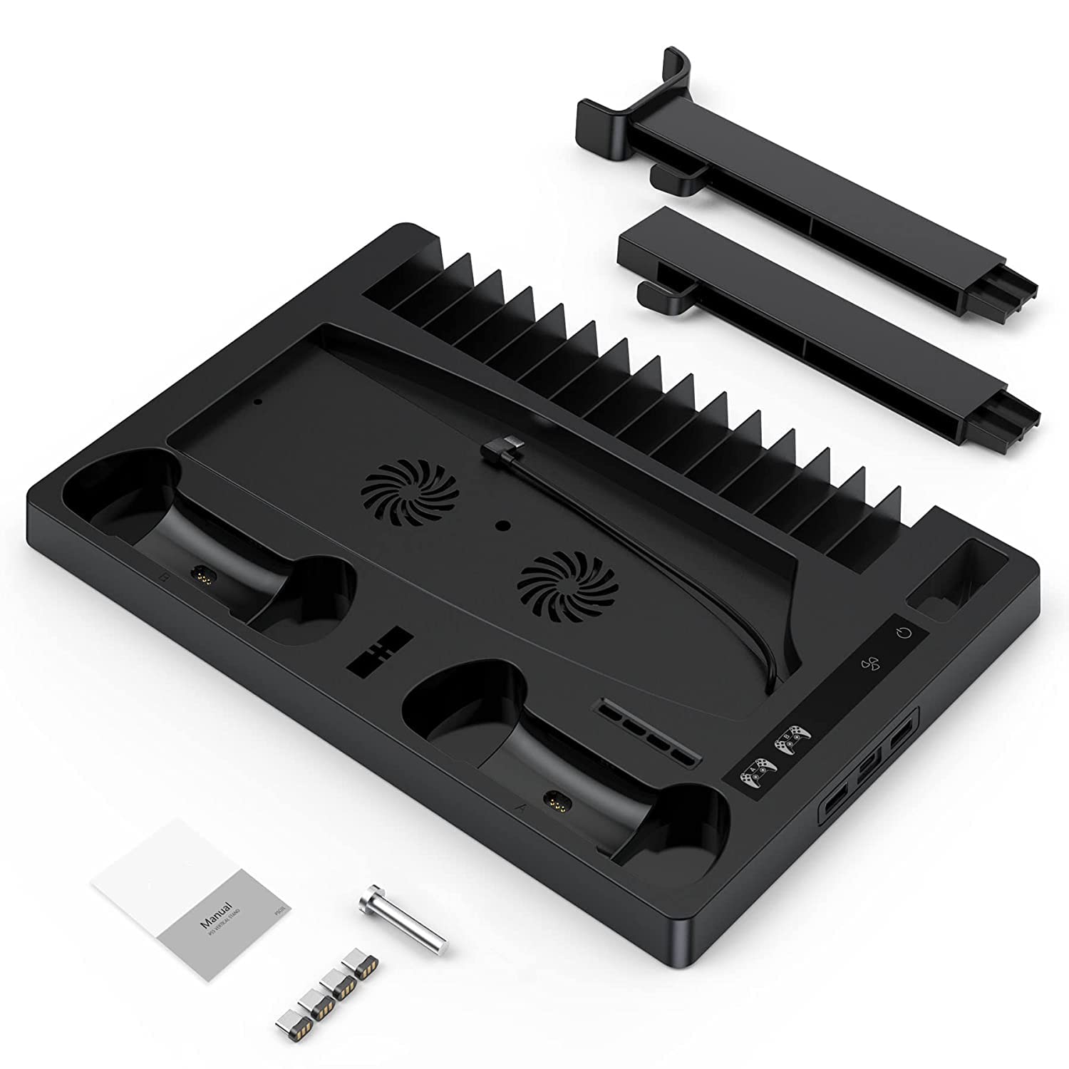 Vertical Cooling Fan Stand for PS5 Console, Digital Editions Dual Controllers Charger, 2 Silent Cooling Fans, Retractable Game Storage Slots, for Playstation 5