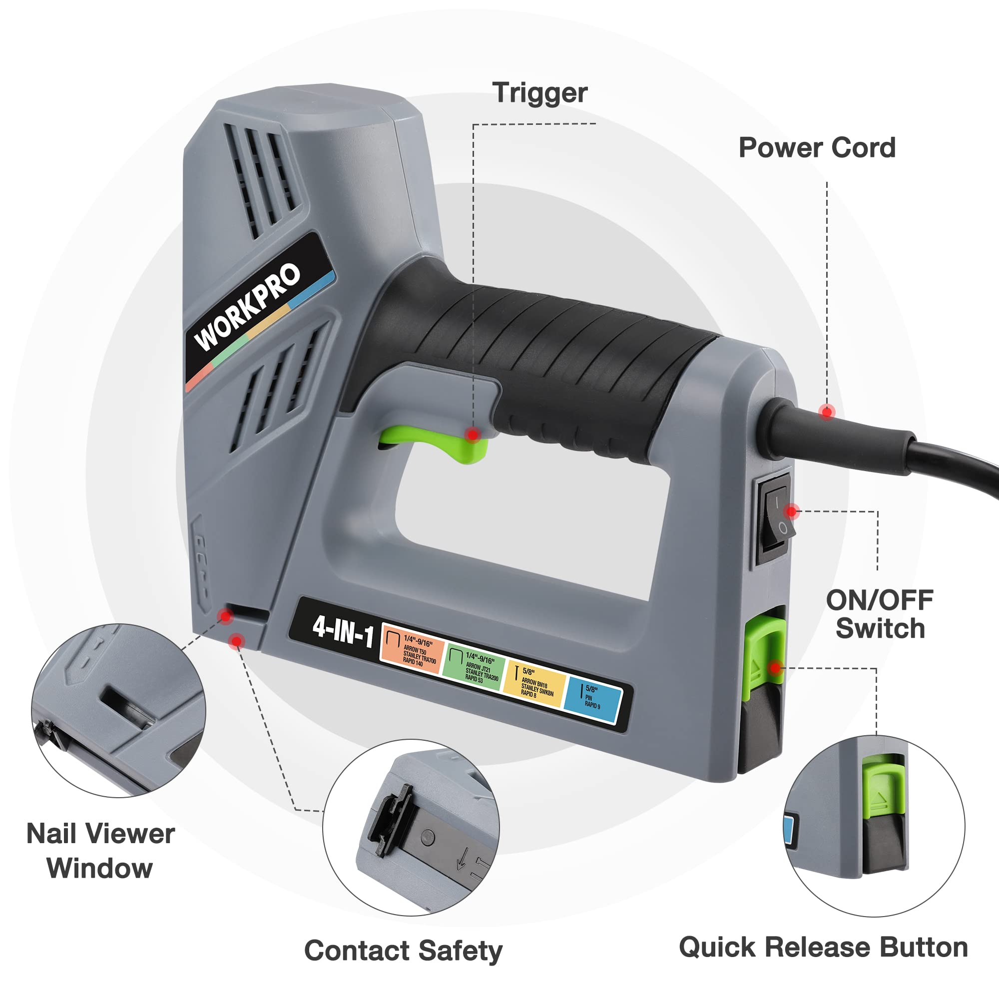 WORKPRO Electric Corded 4-in-1 Nail Gun, Professional Stapler for Wood Upholstery, Crafts, Framing, Decoration, DIY, Including 3000PCS of Staples and Nails