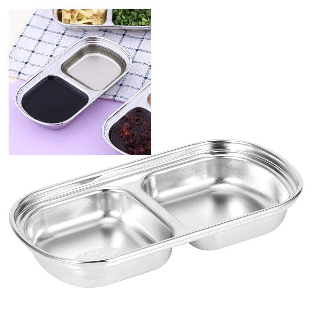 Stainless Steel Sauce Dish Seasoning Dish Snack Plate Divided Food Dipping Bowl Kitchen Condiment Snack Serving Dishes (2 Grids)