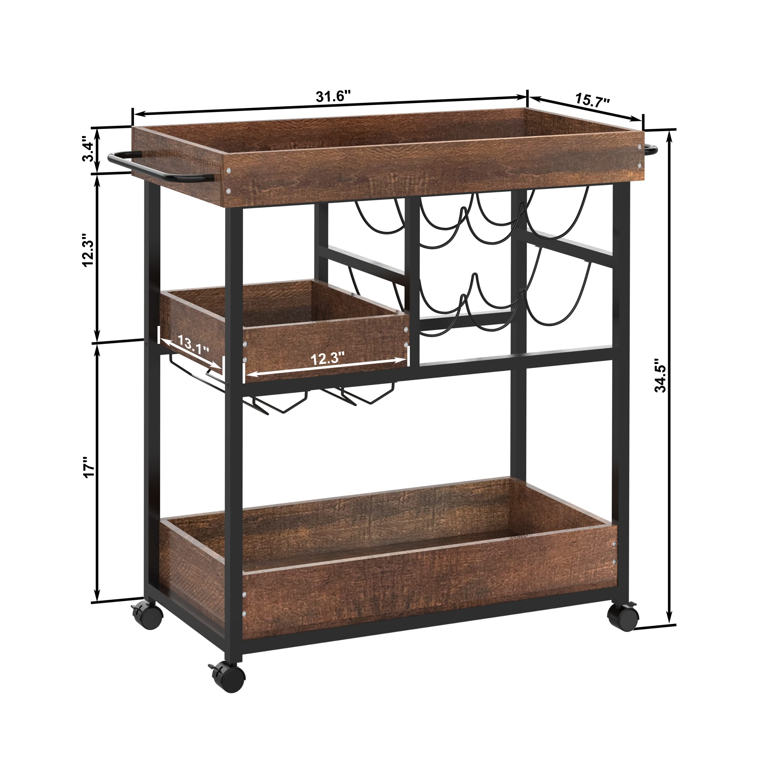 MU Bar Carts for Home, Industrial Kitchen Serving Cart,3 Tier Storage Trolley with Wine Rack Glasses Holder, Rustic Rolling Bar Cart with Removable Shelves for Home
