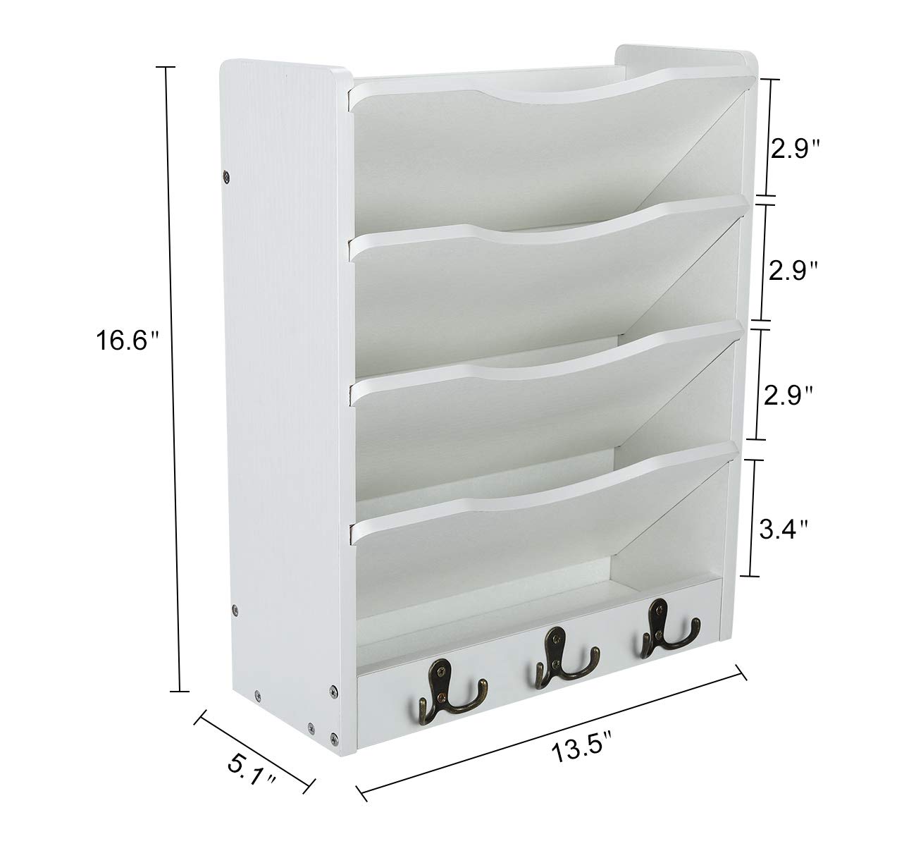 PAG 5-Tier Wall File Holder Hanging Mail Organizer Wood Magazine Literature Rack with 6 Hooks, White