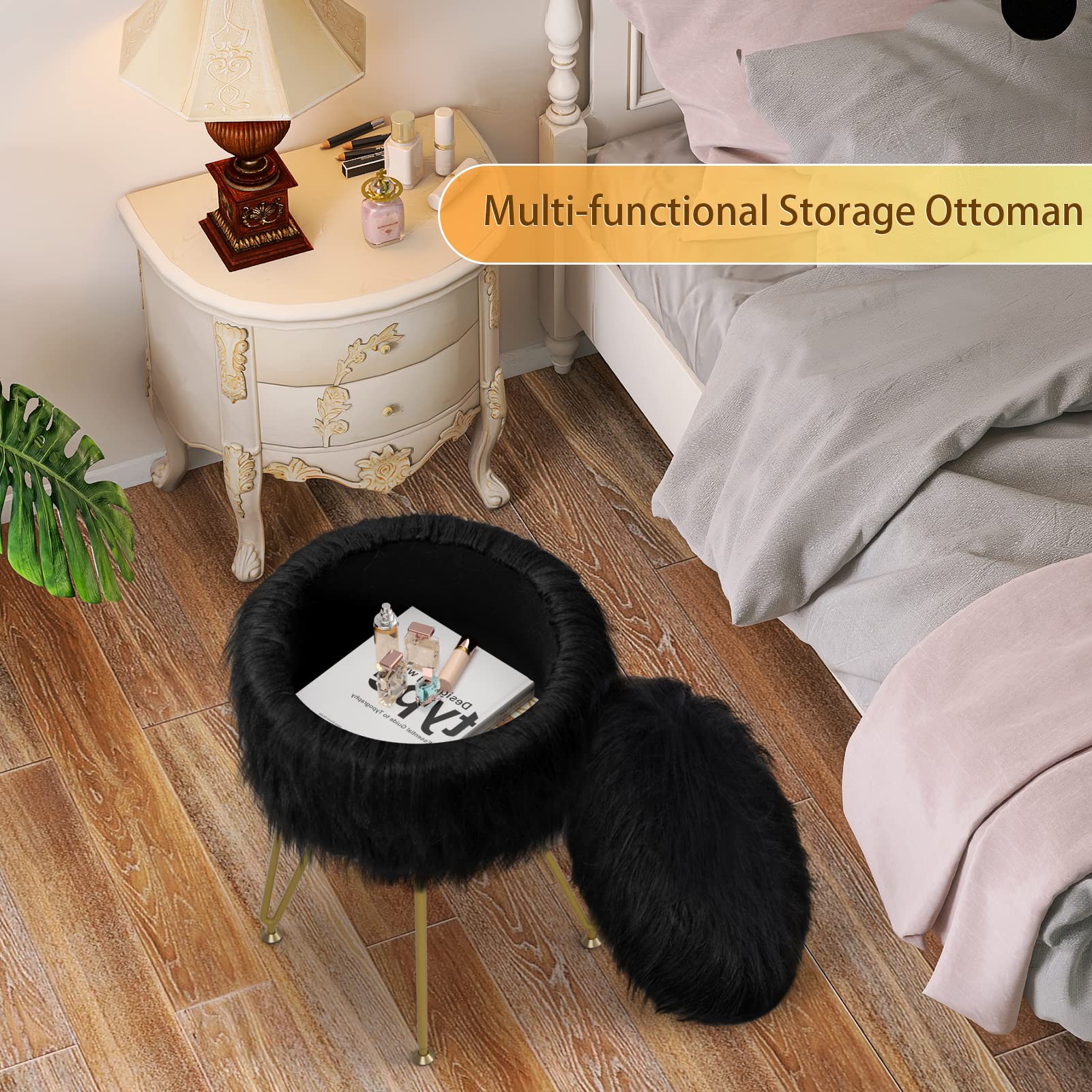 RunLexi Vanity Stool Chair with Storage, Faux Fur Makeup Room Seat Stool, Soft Padded Seat, Round Footrest Footstools with 4 Metal Legs & Adjustable Footings, Vanity, Bathroom, Bedroom Chairs Black