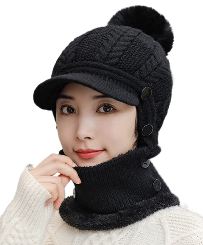 Women One Piece Slouchy Fleece Beanie Hats Scarf Mask Warm Winter Knitted Hat Thick Skull Ski Cap A-Black