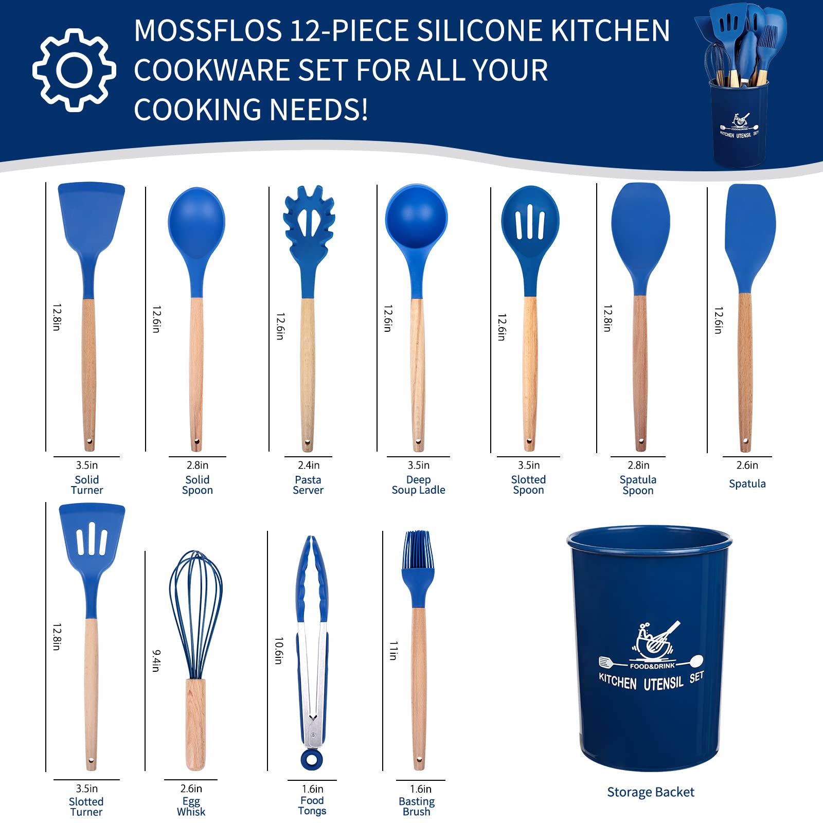 mossFlos Kitchen Cooking Utensils Set, 12 pcs Non-Stick Silicone Cooking Kitchen Utensils with Holder, Heat Resistant Kitchen Gadgets Utensil Set,Turner Tongs,Spatula,Spoon,Brush,Whisk.Dark Green