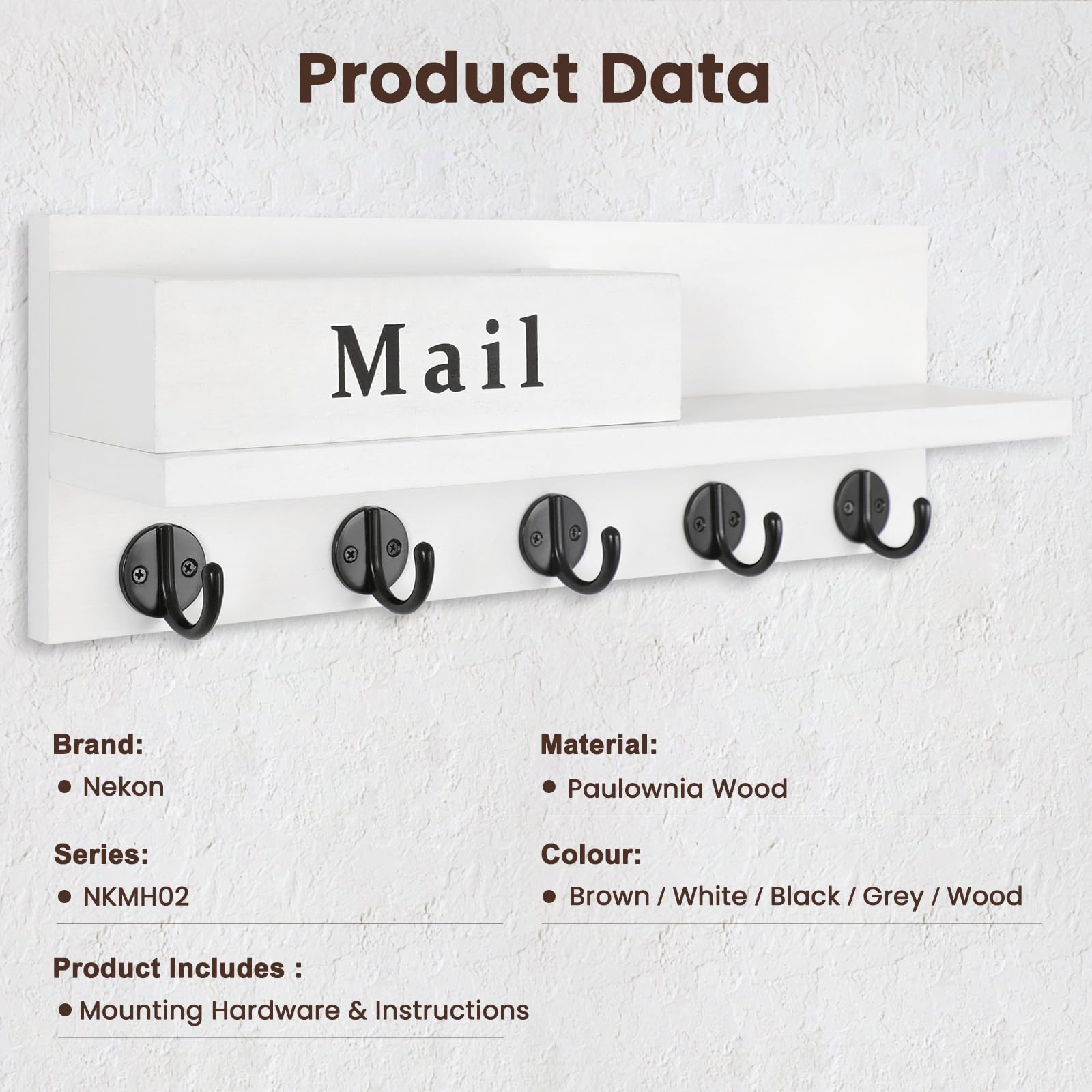 Nekon Key Holder for Wall - 15.7" x 5.3" x 3.5" Decorative Mail Organizer Wall Shelf with Hooks - Sturdy Paulownia Wood with 5 Thick Hooks for Rustic Home Décor (White)