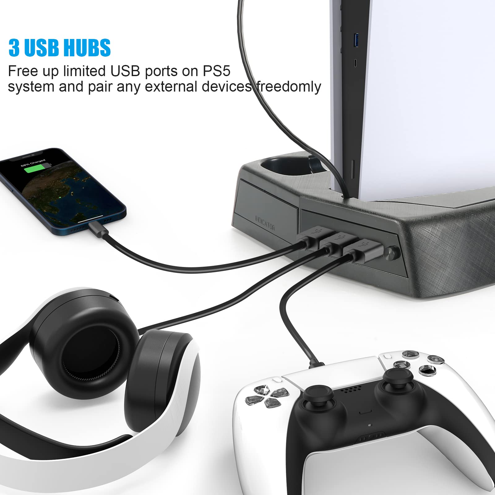 Vertical Stand for Playstation 5 with Cooling Fan Charing Station for PS5 Digital Edition/PS5 Ultra HD,Multi-Function Charger Station with 2 Controller Charging Docks