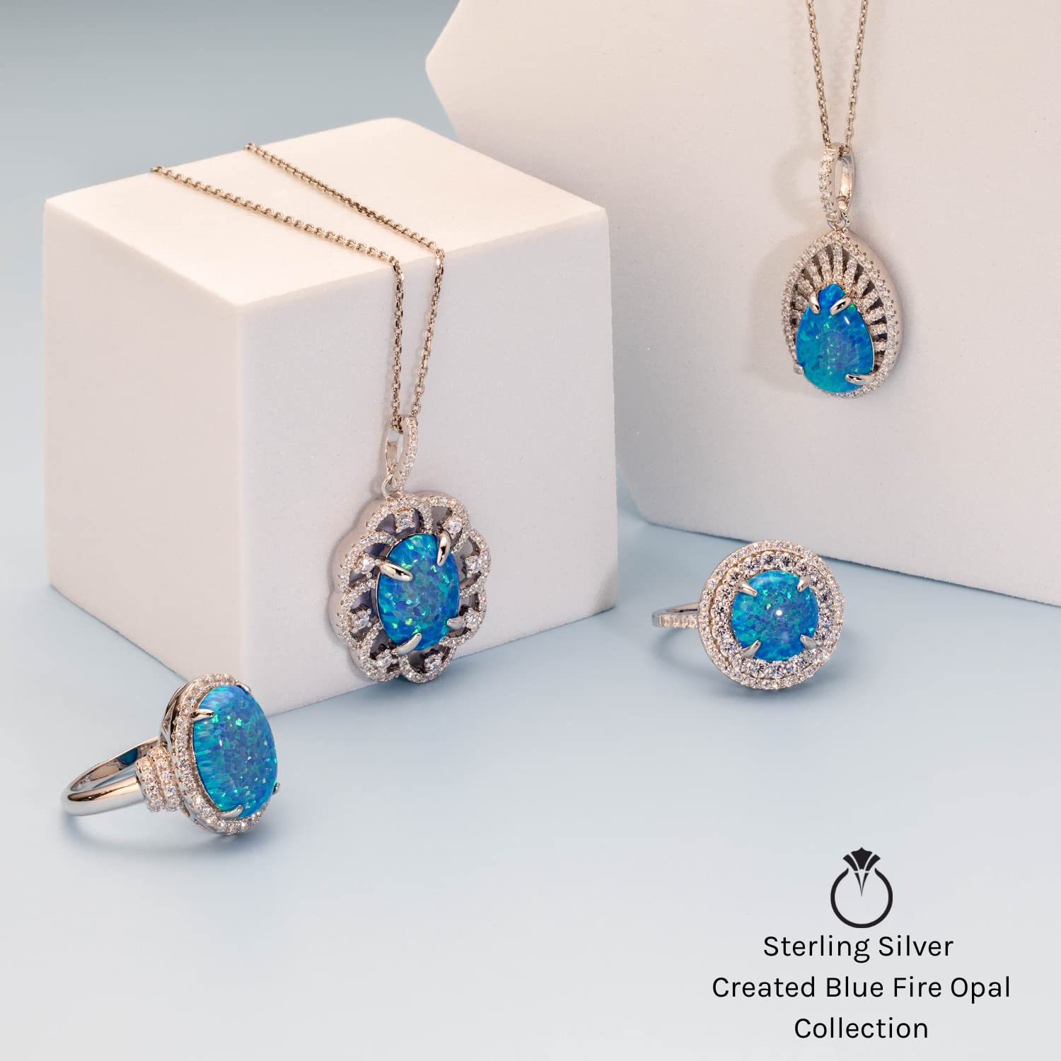 PEORA Created Blue Opal Halo Ring Sterling Silver 1.00 Carats Size 9