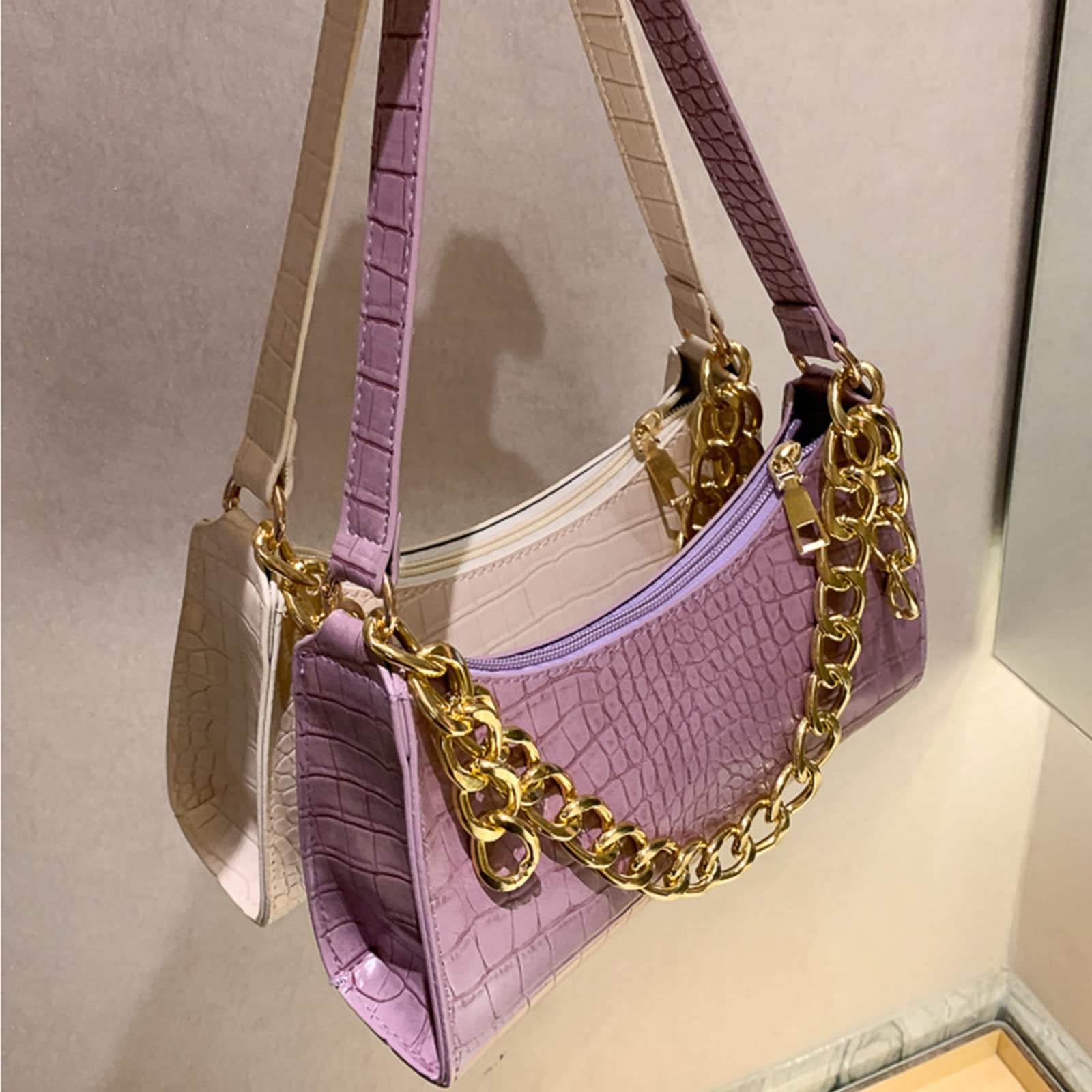 Women Shoulder Purse 90s Retro Handbags With Chain Decor Handle Design Crocodile Pattern Clutch Bag, Purple