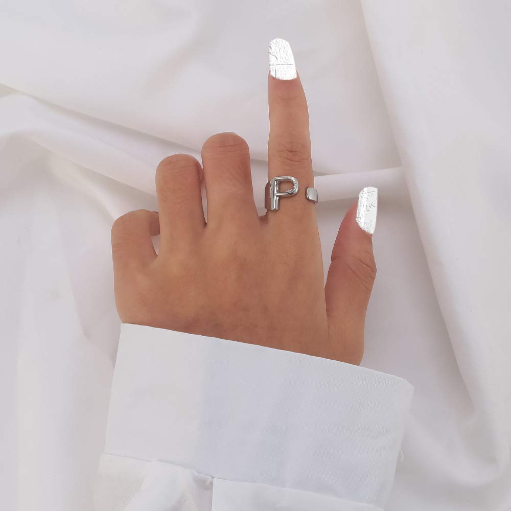 TOOPNK Initial Rings Letter Rings for Women Chunky Adjustable Rings Women Statement Rings for ladies' decorative gifts.Silver-M