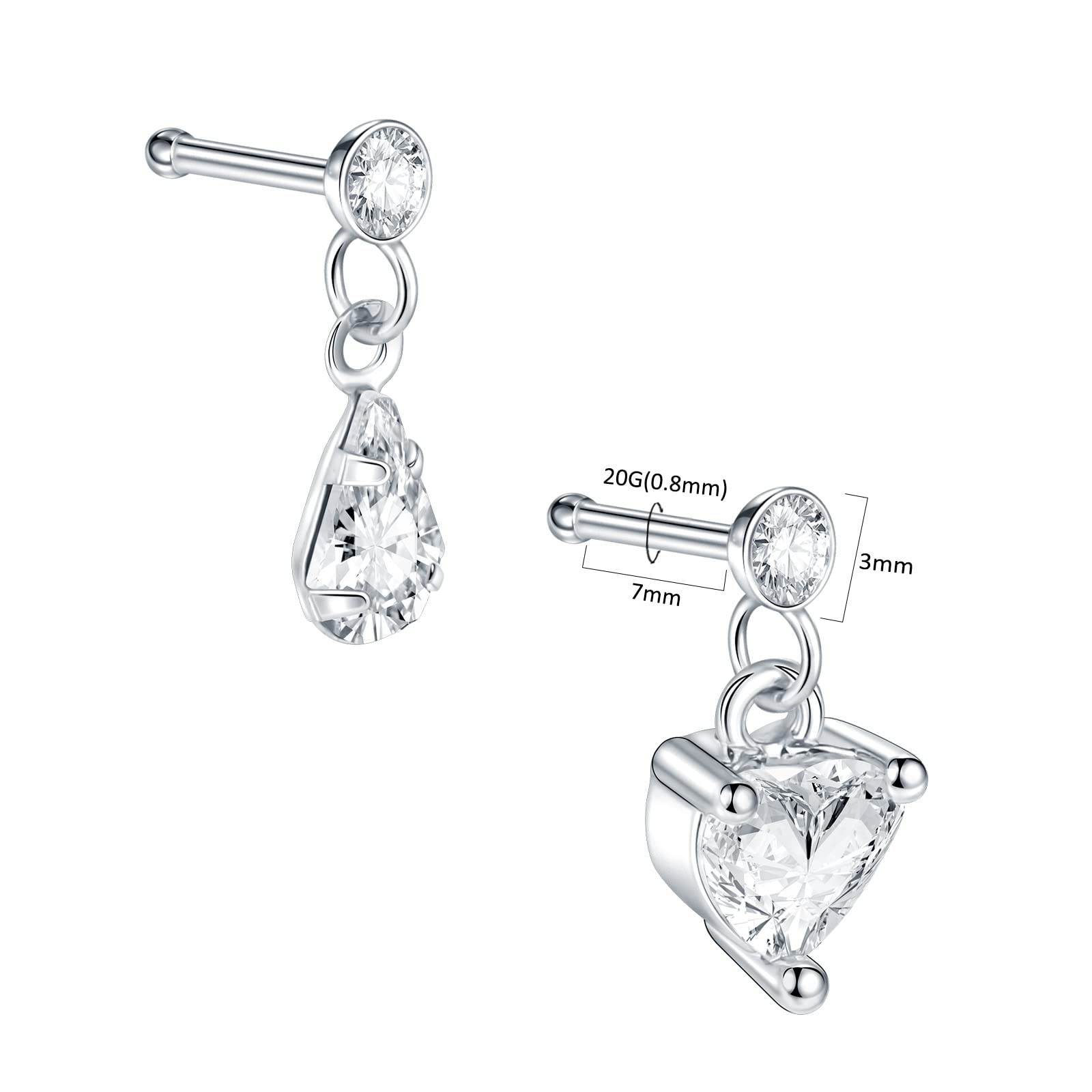 Xpircn 2PCS Nose Rings Studs 20G Stainless Steel Nose Pin Bone Studs