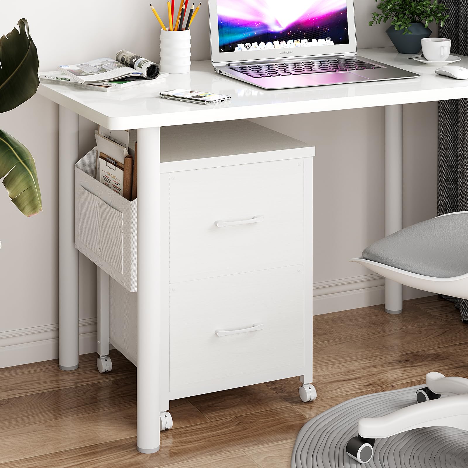 ROSONG 2 Drawer File Cabinet on Wheels for Home Office, Two Drawer Small Filing Cabinets Under Desk Printer Stand, A4 Letter Size Mobile Vertical White