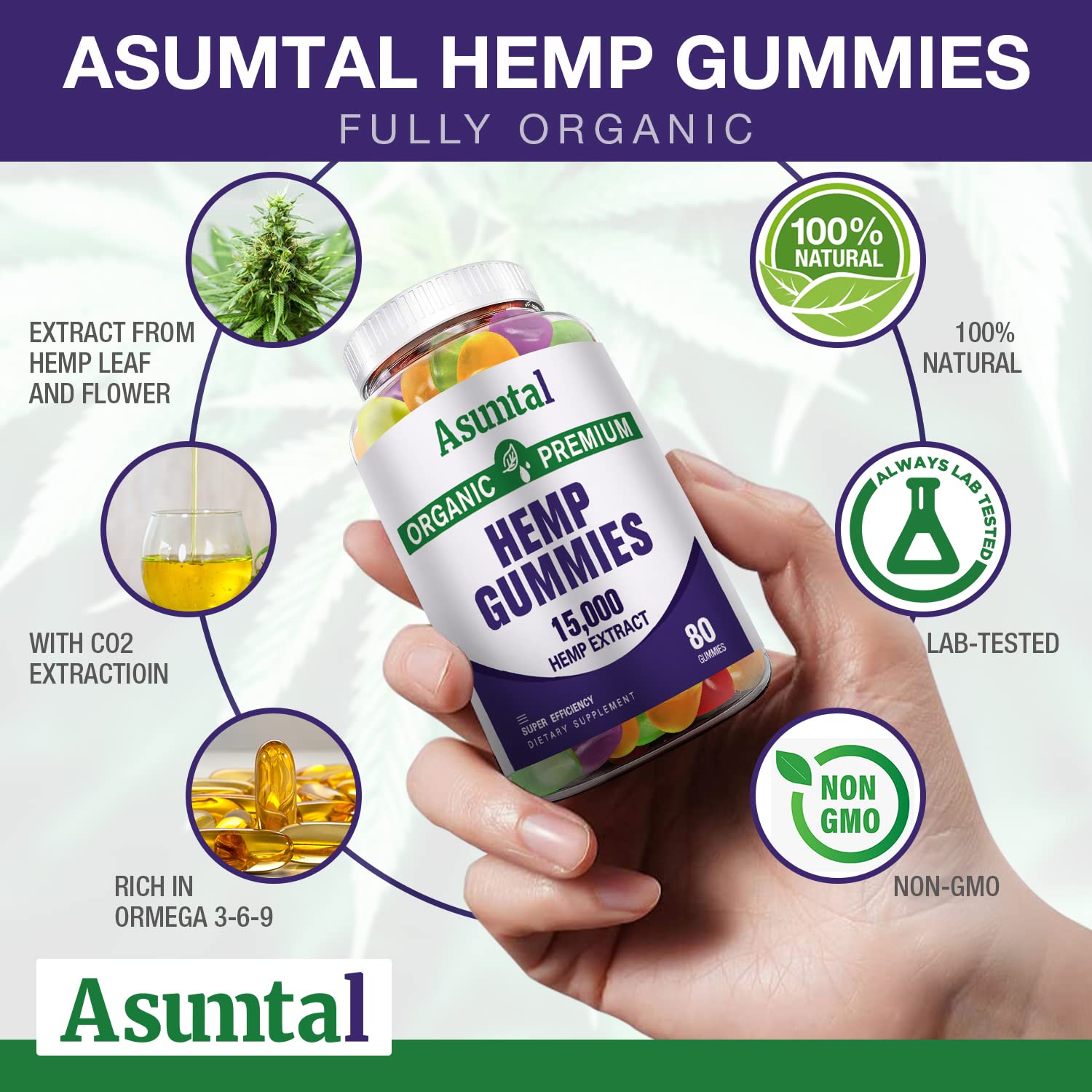 Organic Hemp Gummies Advanced Extra Strength High Potency Edible Hemp Oil Extract Low Gummy Sugar Hemp Oil Extract,Made in USA