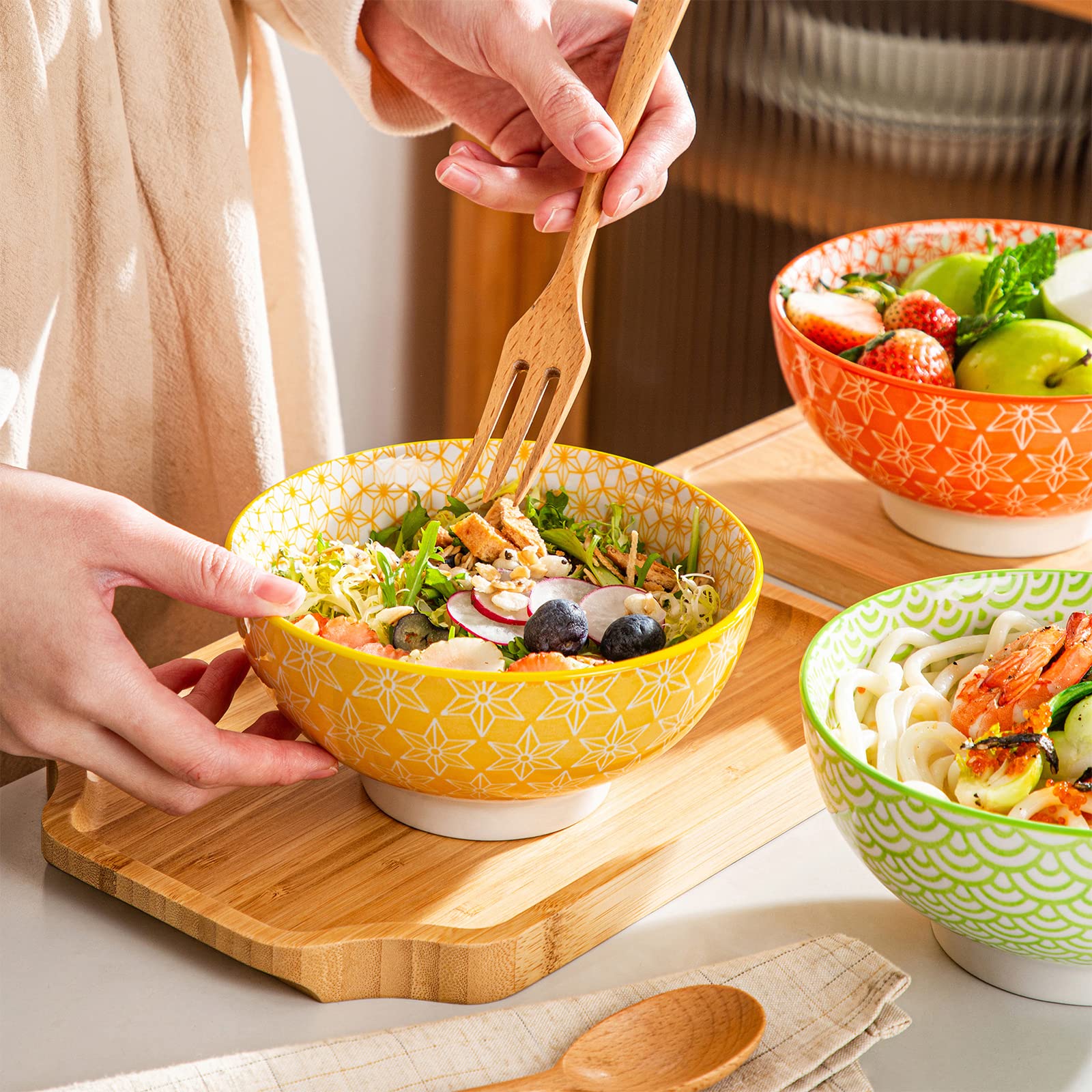 vancasso Natsuki Cereal Bowls, 22 OZ Ceramic Bowls Set of 4, Kitchen Serving Bowls Dishwasher Microwave Safe, Soup Bowls for Cereal, Pasta, Salad, Rice, Ice Cream, Dessert, Colorful Japanese Style