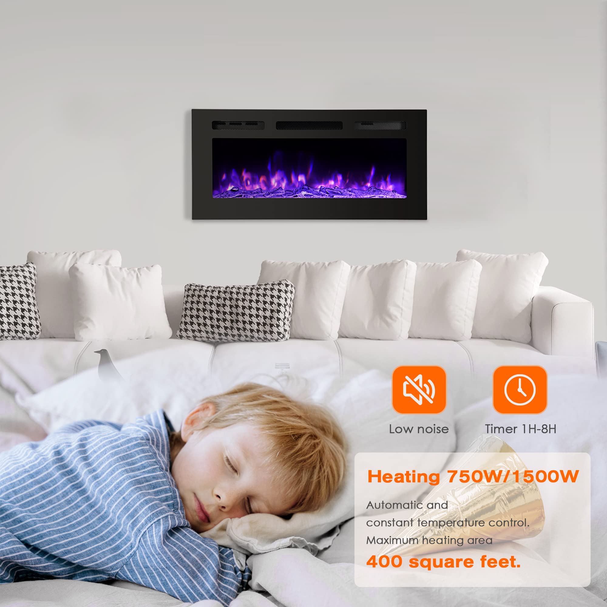 PAOLFOX 36 inch Electric Fireplace Insert,Wall Mounted,Wall Fireplace Electric with Remote Control,Linear Fireplace,Led Fireplace Recessed,12 Flame Colors