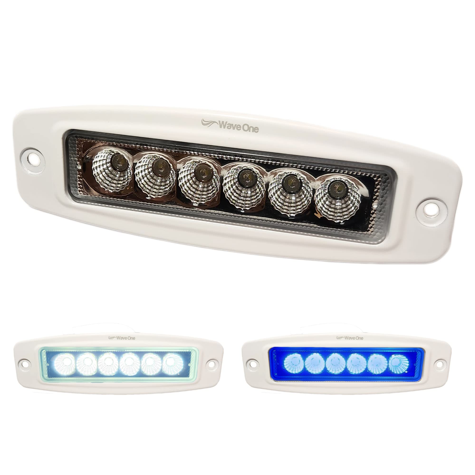 Wave One Marine | Dual Color LED FLUSH Mount Spreader Light | Boat Deck Flood Beam | Stainless Hardware | IP68 Waterproof | High Lumen | 12-24 Volt DC Input