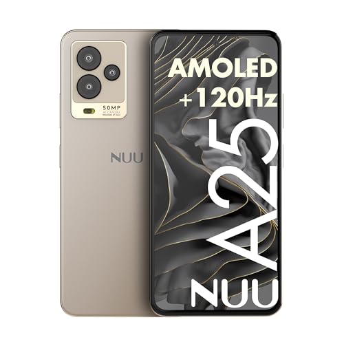 NUU A25 AMOLED 120Hz 6.7" Phone for T-Mobile, ATT, Cricket, Mint, ULTRA, Metro, Gaming phones, Octa-Core Helio G99, 4G/LTE Dual SIM, 6GB + 128GB 50MP Camera, Champagne, International Travel