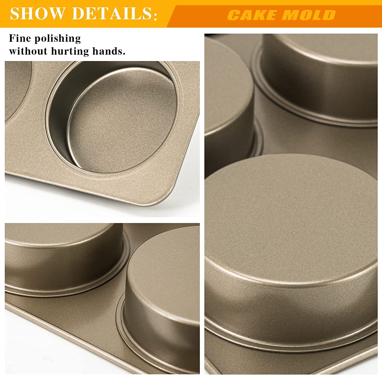 Muffin Top Pan, Hamburger Bun Pan, 6 Cavities Baking Tray,3.5 inches, for Baking Hamburgers, Cakes, Muffins and Poached Eggs Gold