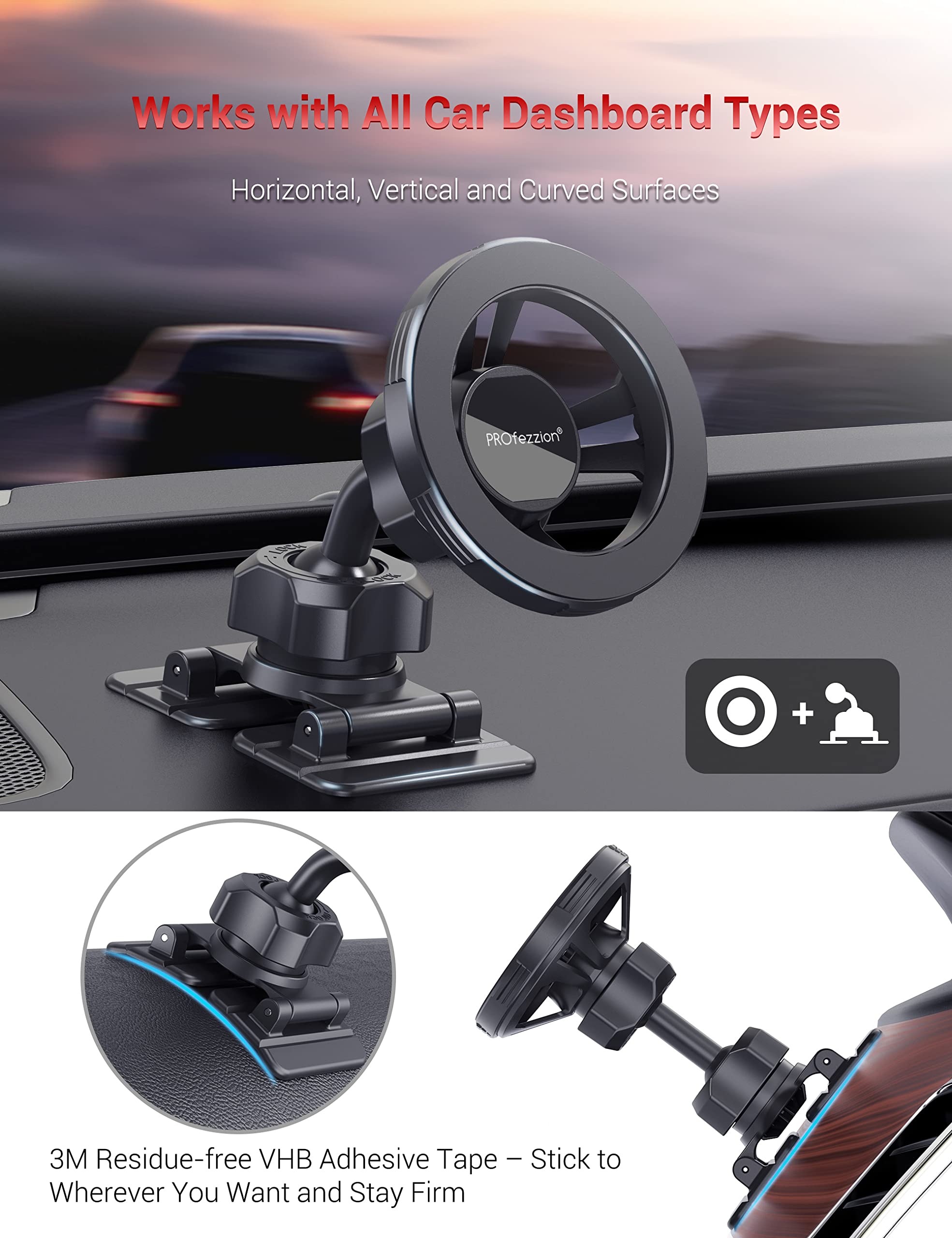 PROfezzion Deluxe Metal Version for MagSafe Car Mount, 2 in 1 Combo Magnetic Phone Holder for Car Vent or Dashboard Compatible with iPhone 15 14 13 12 Pro Max Plus, MagSafe Case & All Phones