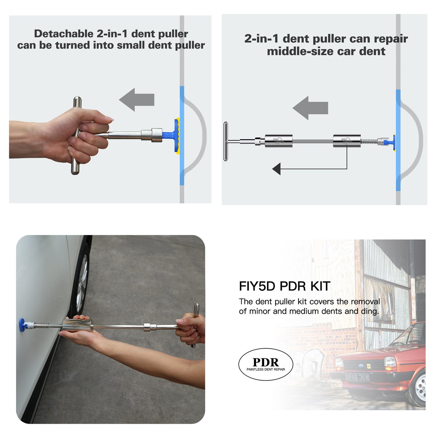 Paintless Dent Puller Kit with 34pcs Glue Pull Taps Repair Dents in All Parts of The Car 2in1 Slide Hammer Dent Remover for Big Dents Bridge Dent Puller Repair Small and Medium Dents