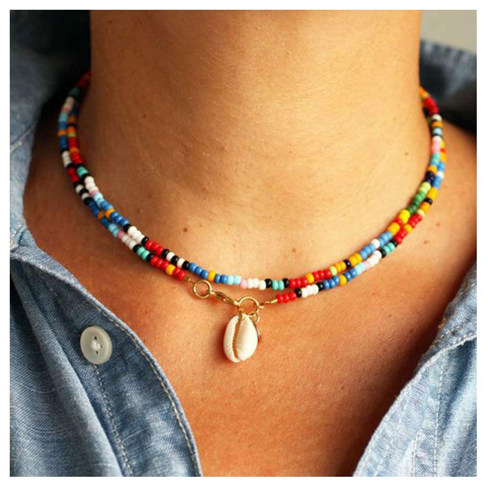 Riymusry Bead Choker,Bohemian Colorful Bead Choker Necklace Summer Beach Shell Necklace Adjustable Hawaii Style Boho Beach for Women (Color 1)